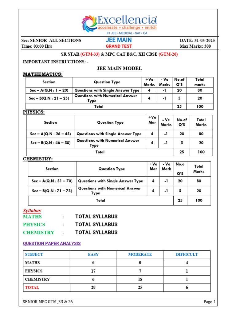 SR Star (GTM-33) & MPC Cat B&C, Xii Cbse (GTM-26) - QP, Key & Sol - 31-03-2025 | PDF