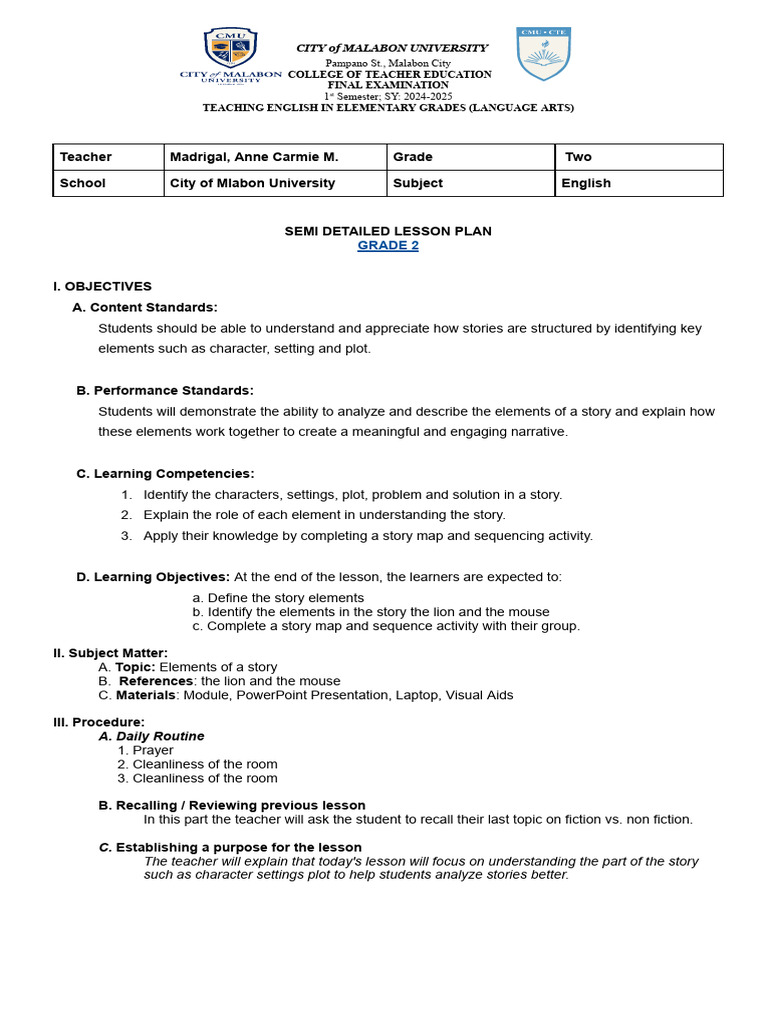 Grade 2 English Lesson Plan: Story Elements | PDF | Learning | Teachers