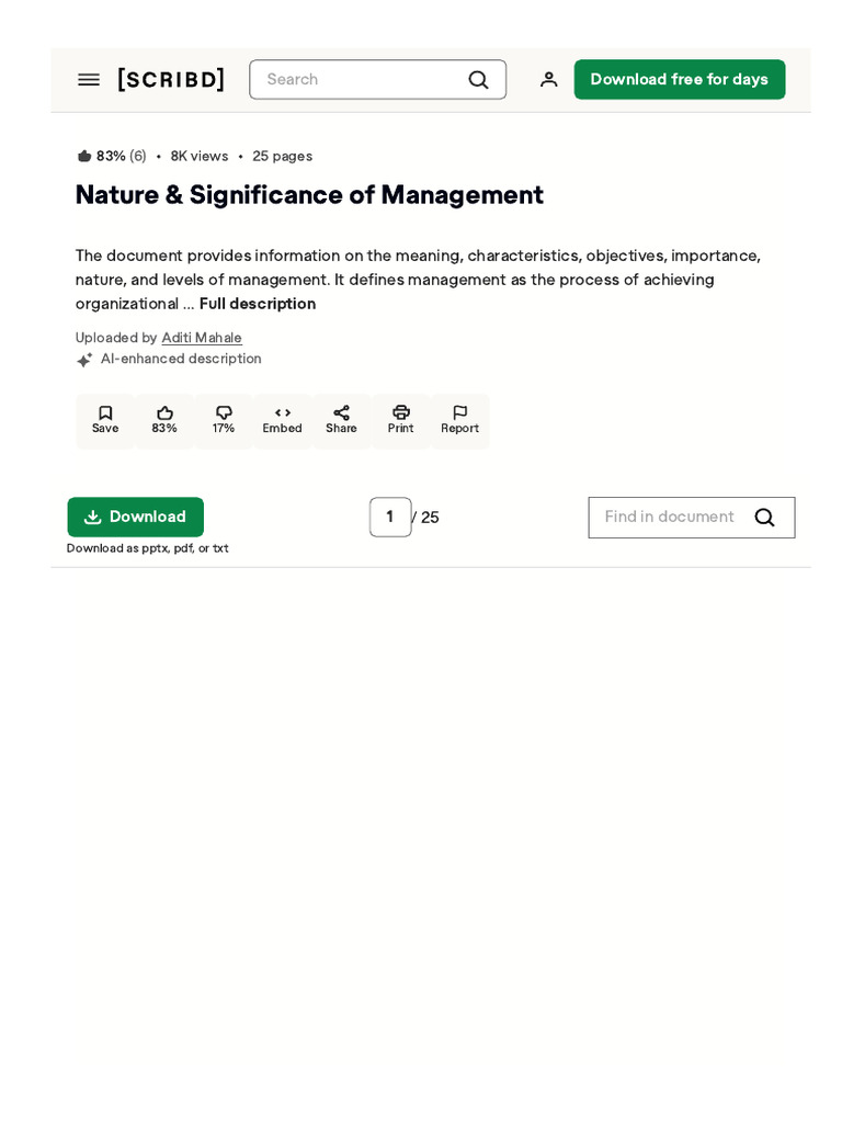 www.scribd.compresentation483123614Nature-Significance-of-Management | PDF
