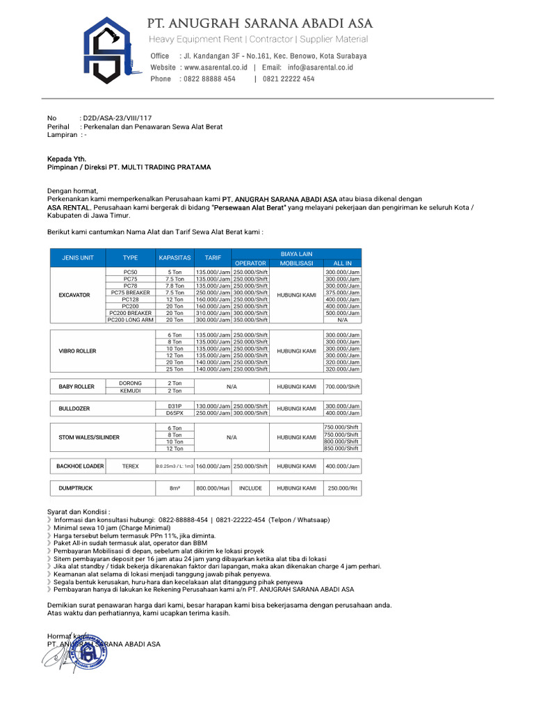Penawaran PT. Multi Trading Pratama - Harga Sewa Alat Berat PT. ASA ...
