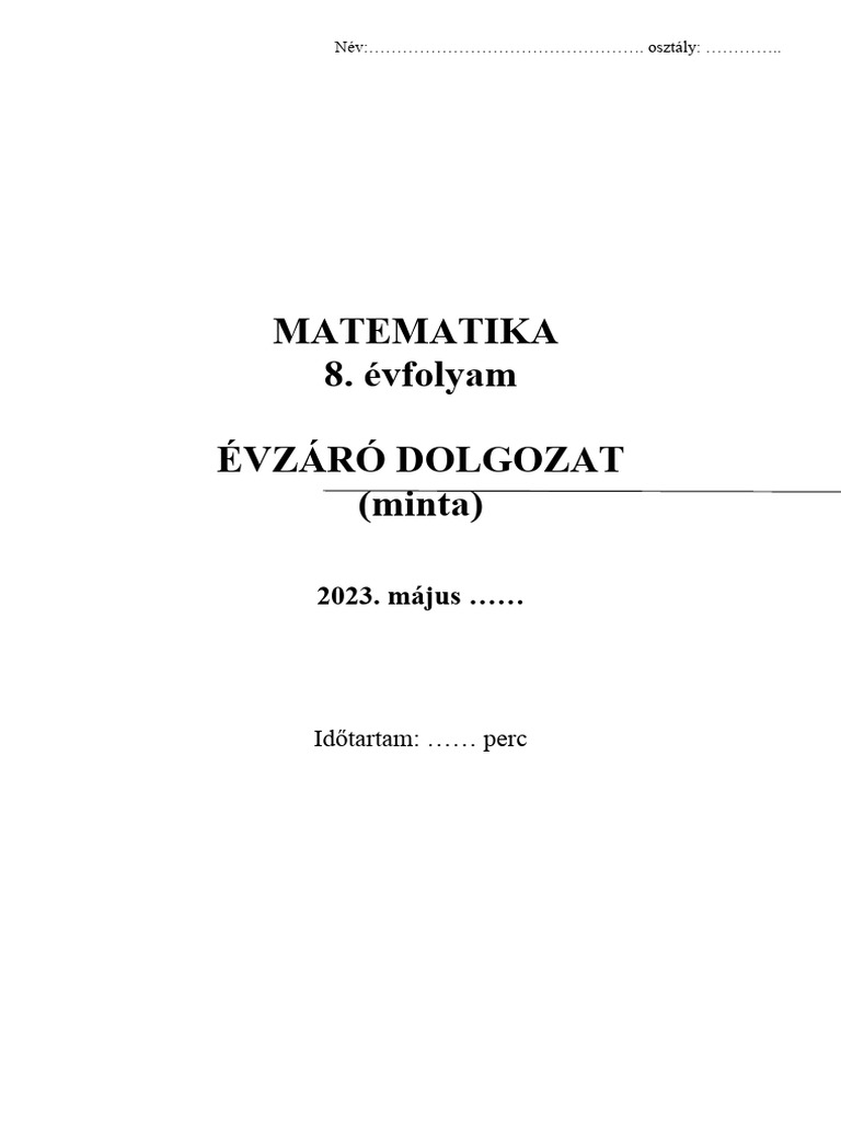 Matek 8. 1 - Évzáró Dolgozat - Minta - 2023 | PDF