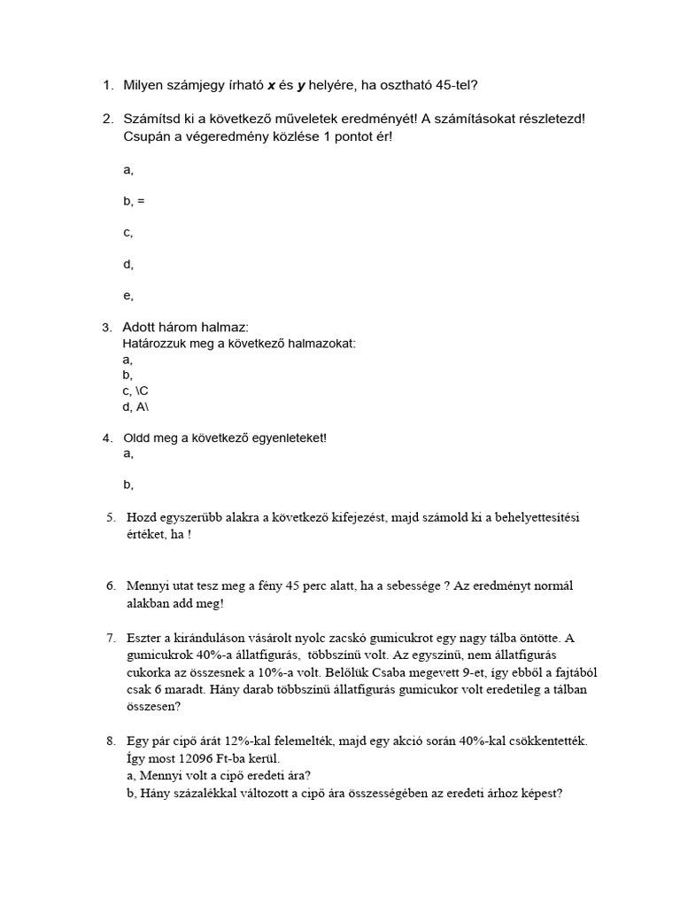 Matek 8.6 - Évzáró Dolgozat - Minta - 2024 | PDF