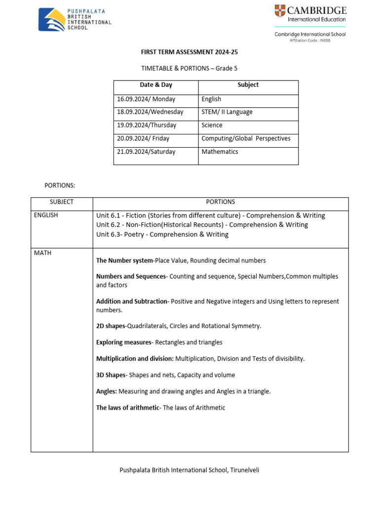 Gr-5-Term1 Timetable and Portions 2024-25 | PDF