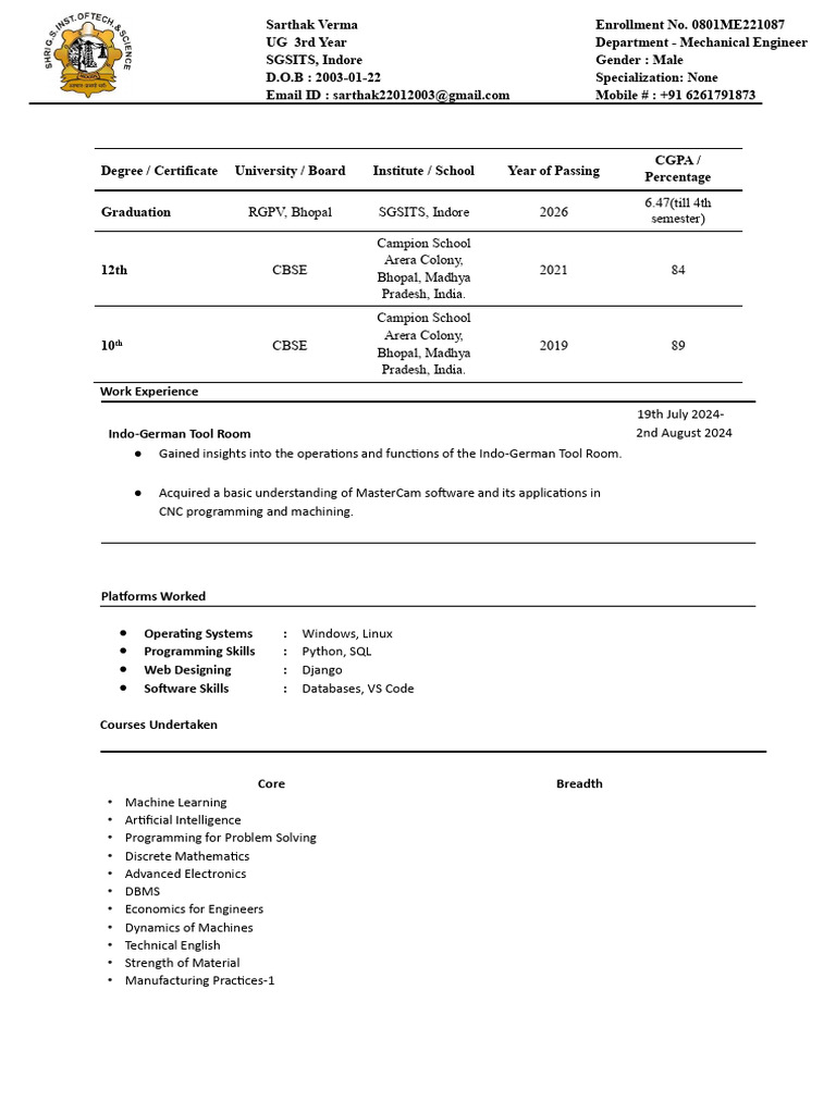 CV01Pages 0801ME221087 BT ME Sarthak Verma | PDF | Databases | Software