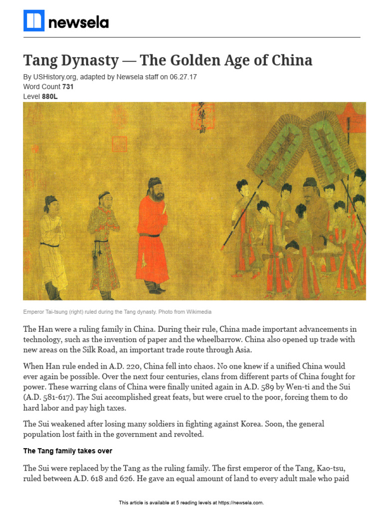 Newsela-Tang Dynasty-The Golden Age of China | PDF | Tang Dynasty ...