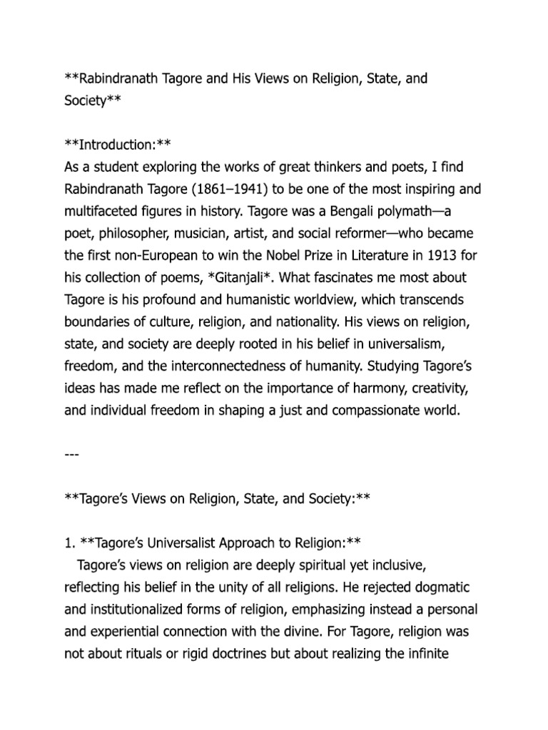 Rabindranath Tagore's Views on Religion, State, And Society | PDF