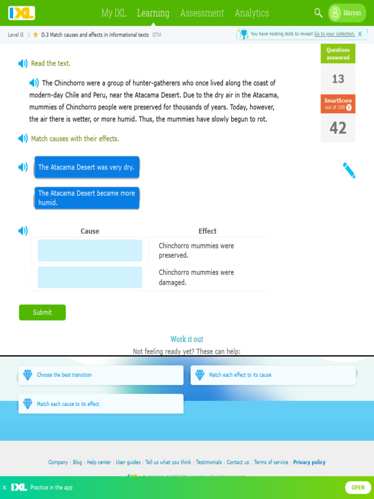 IXL Match Causes and Effects in Informational Texts Level G Language Arts | PDF