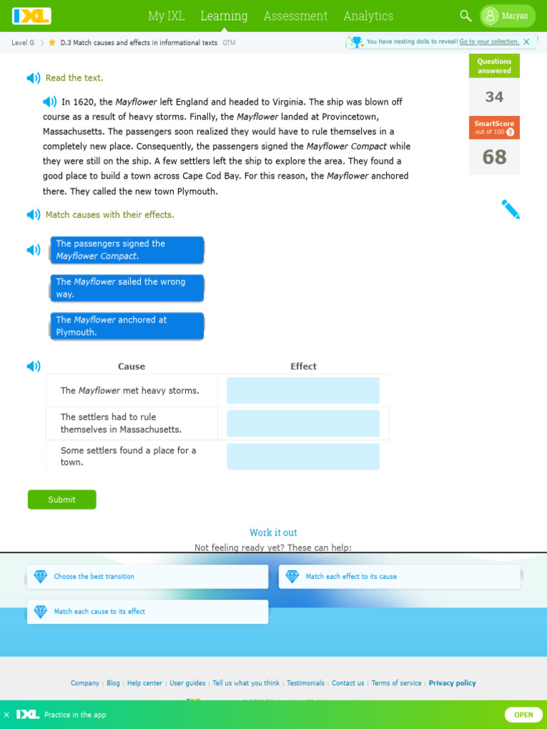 IXL Match Causes and Effects in Informational Texts Level G Language ...