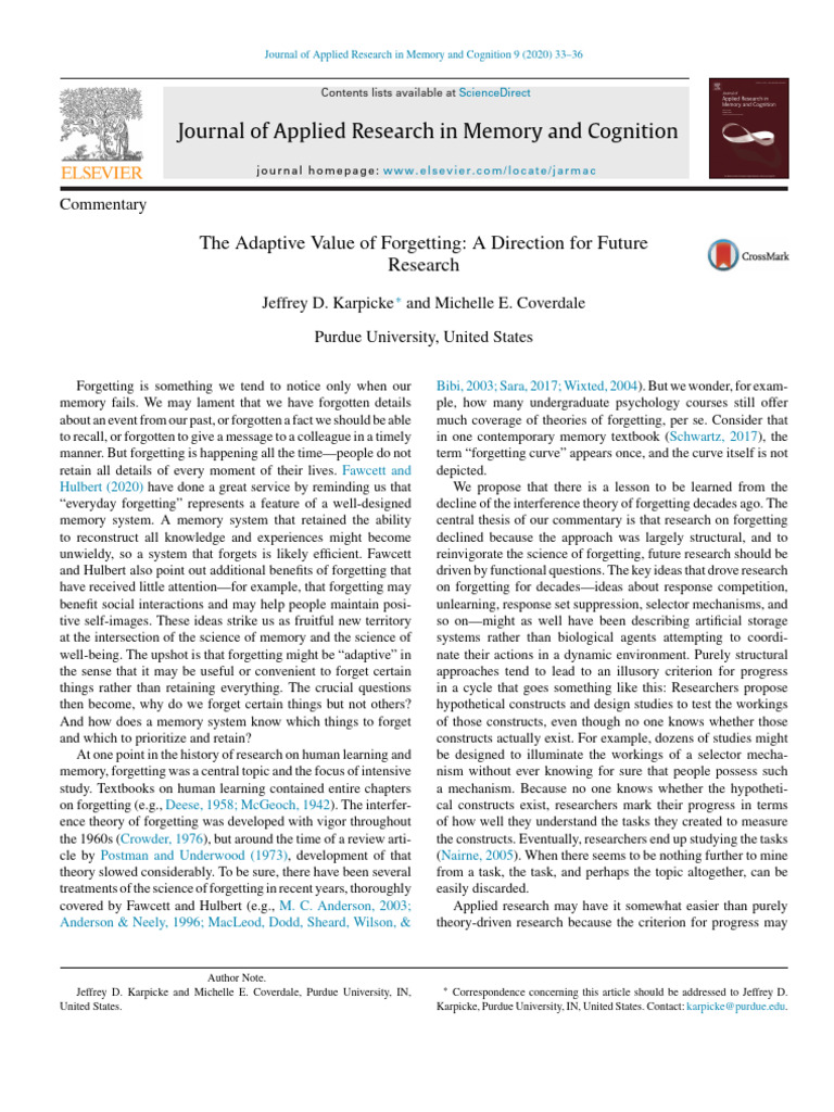 The Adaptive Benefits of Forgetting | PDF | Memory | Recall (Memory)