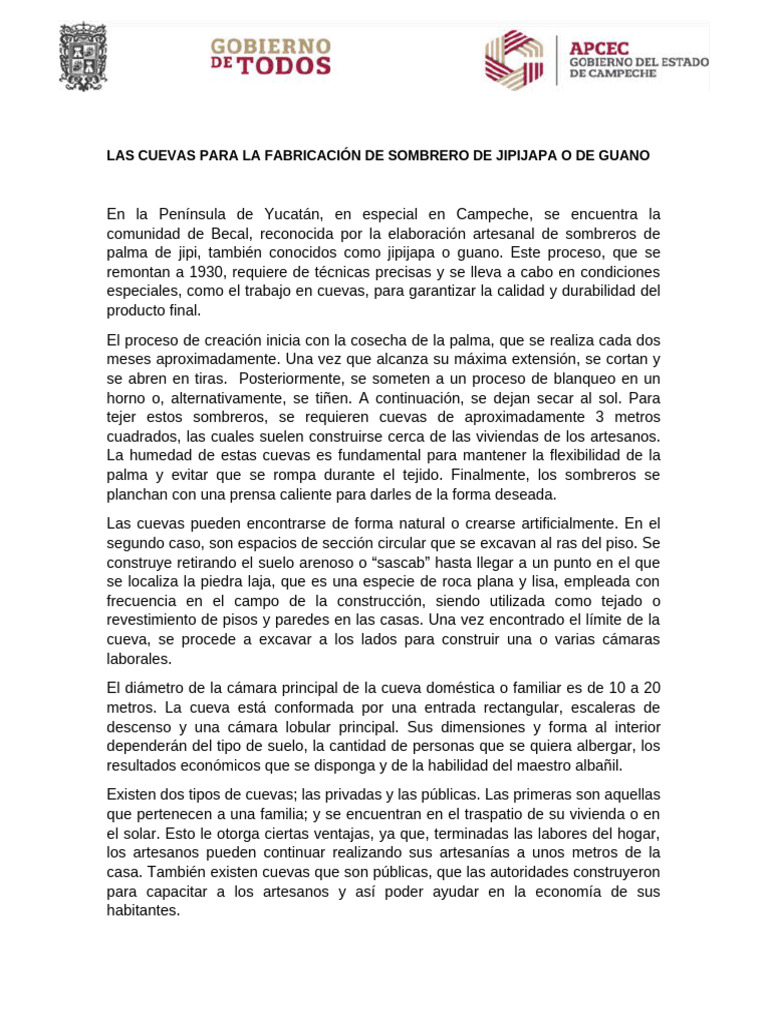LAS CUEVAS PARA LA FABRICACIÓN DE SOMBRERO DE JIPIJAPA O DE GUANO | PDF
