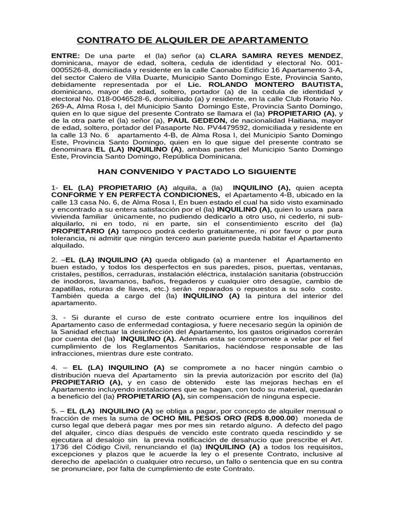 Contrato de Alquiler de Apartamento Clara Samira-Rolando-Paul Gedeon ...