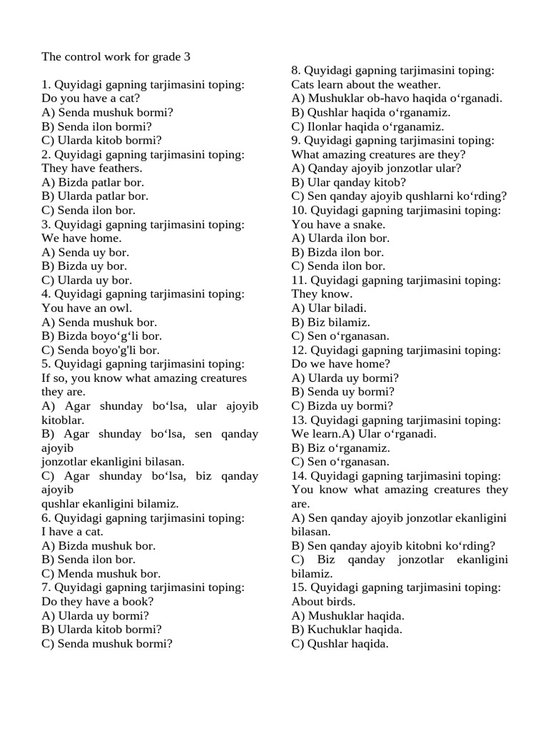 Grade 3 Control Work Exercises | PDF | Animals And Humans | Cats