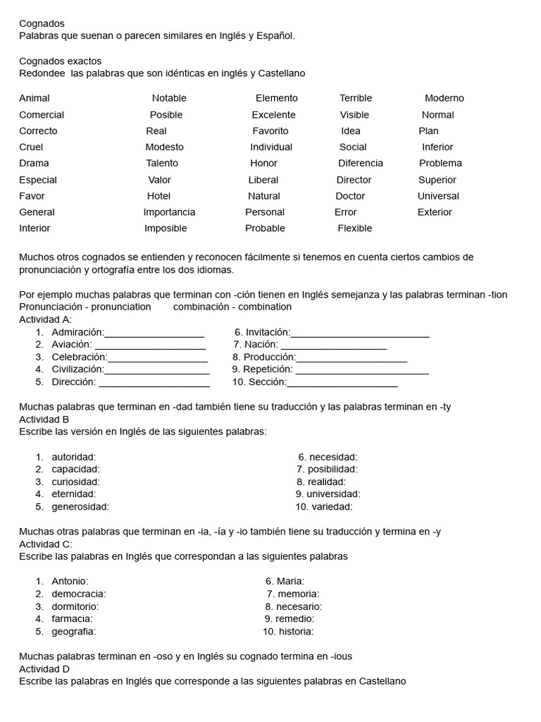Ejemplos de Cognados en Inglés y Español | PDF