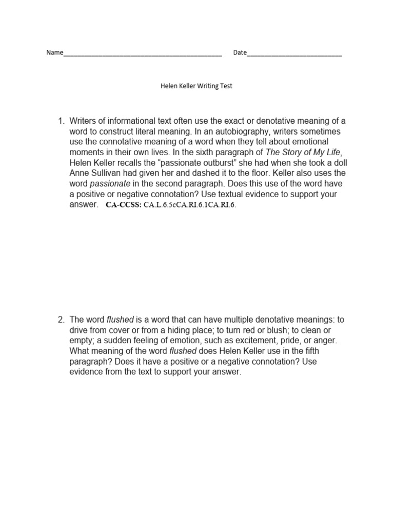 Helen Keller Writing Test | PDF