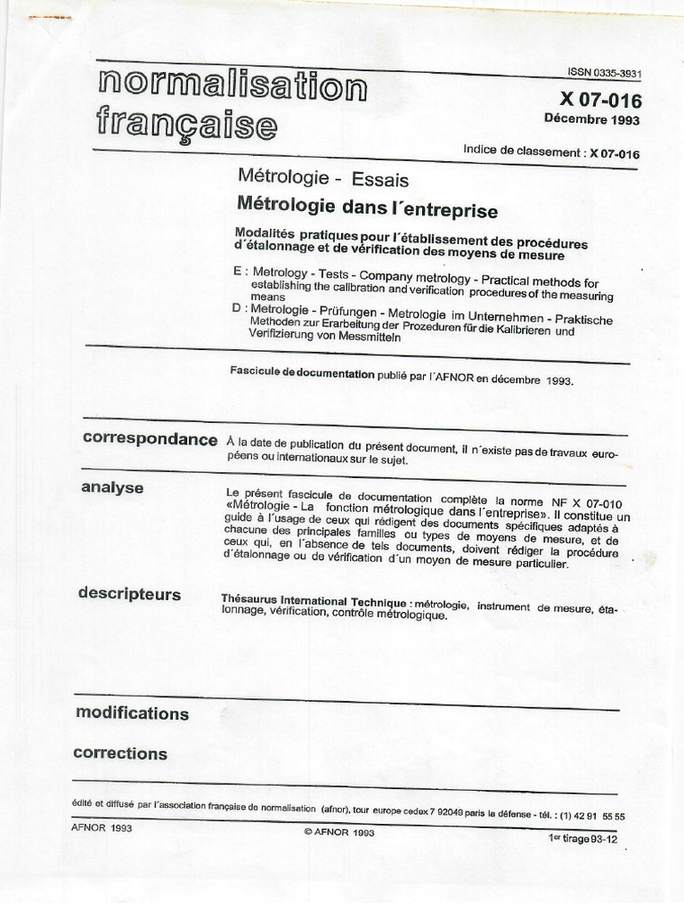 X 07-016;1993 Metrologie | PDF