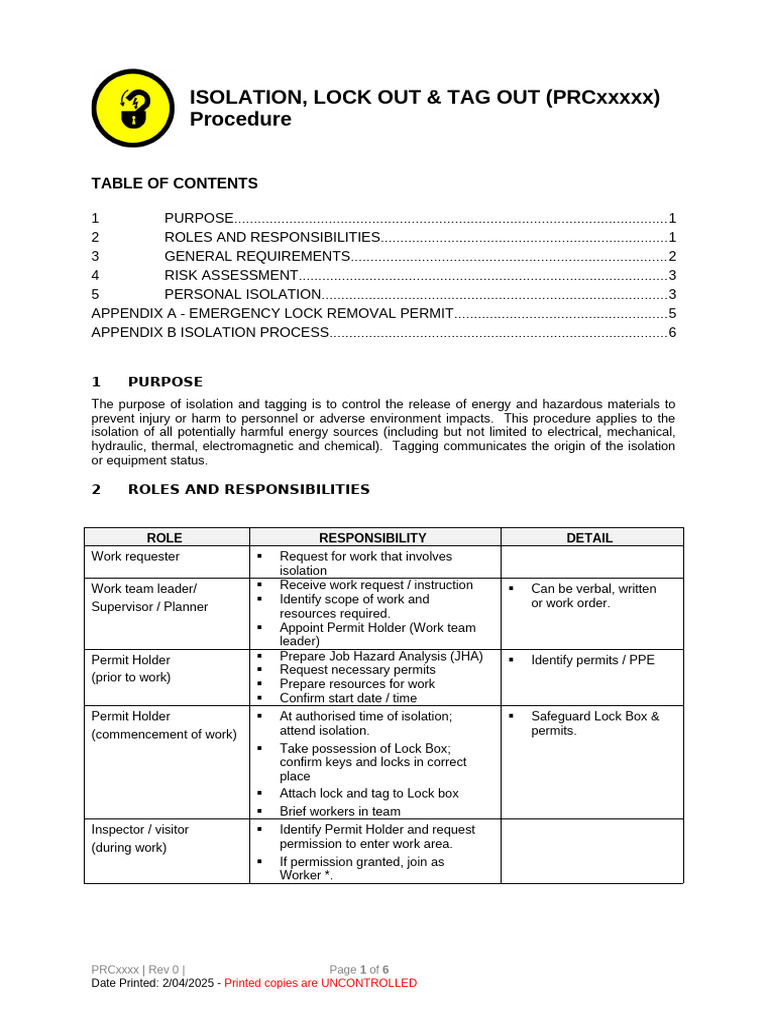 Sierra Rutile - Isolation Lock Out and Tagging Rev0 | PDF | Safety ...