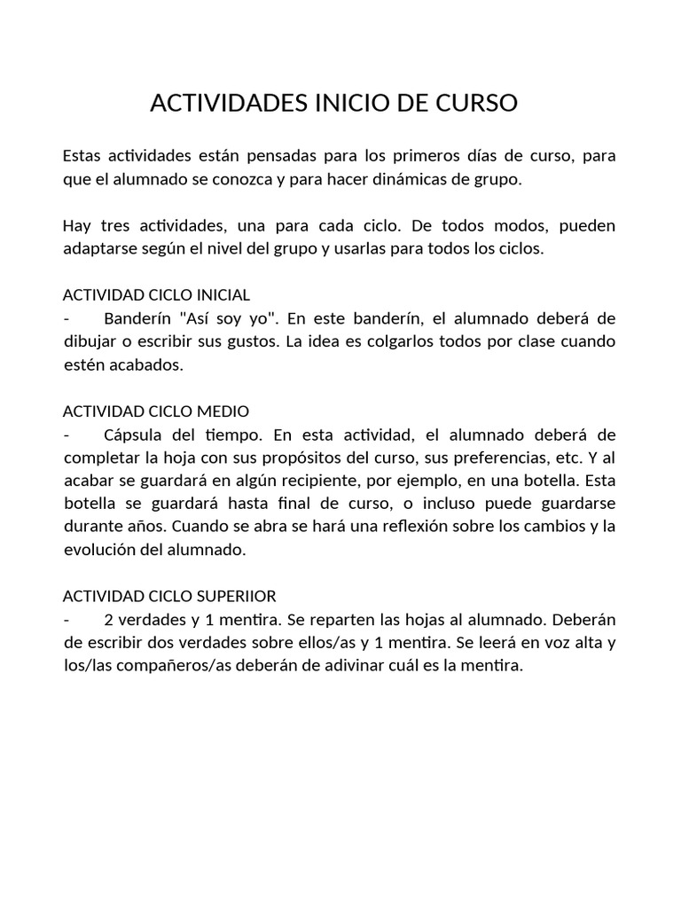 Actividades para el Inicio de Curso | PDF
