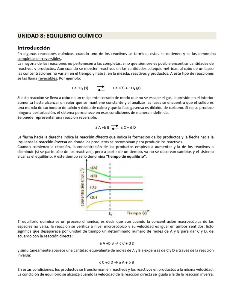 Apunte Unidad 8 Equilibrio Quimico | PDF | Equilibrio químico | Reacciones químicas