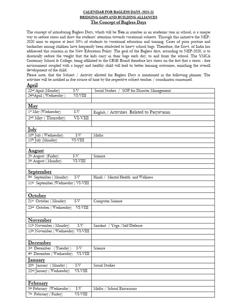Activity Calender (Bagless Day) 2024-25 | PDF