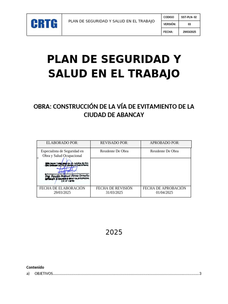 Plan de Seguridad y Salud en El Trabajo 2025 | PDF | Seguridad y salud ocupacional | La seguridad