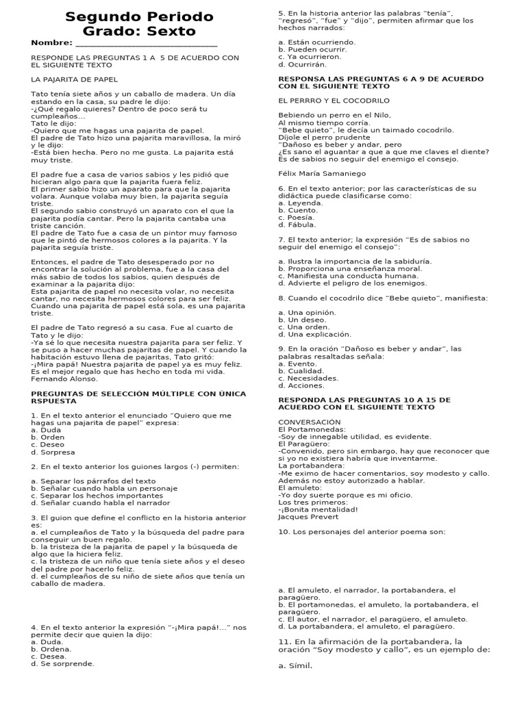 Examenes 2.017 II Periodo (1) Español | PDF | Adverbio