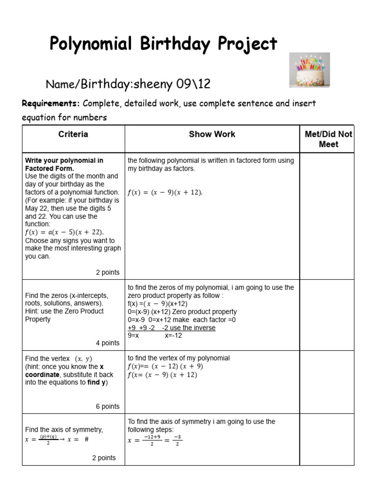 Sheeny Leon - Polynomial Birthday Project 3 | PDF | Mathematical ...