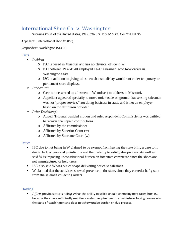 Case Brief Template - RISE Week - A1 | PDF | International Shoe Co. V ...