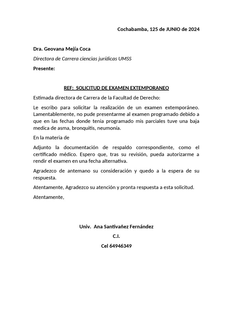 Solicitud de Examen Extemporáneo UMSS | PDF