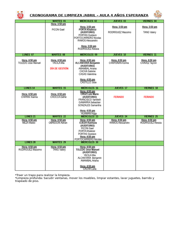Cronograma de Limpieza Abril | PDF