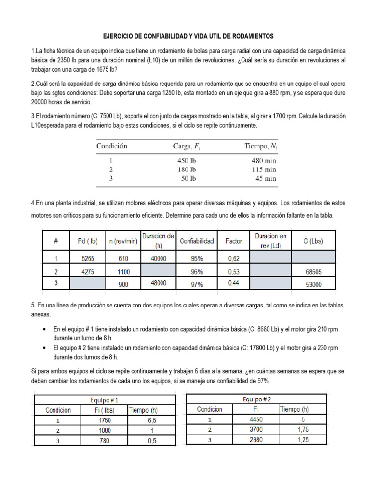 Ejercicio de Confiabilidad y Vida Util de Rodamientos | PDF