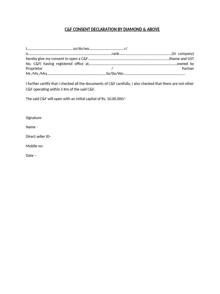 C&F Consent by Diamond and Above Leader On 50 Rs Stamp | PDF