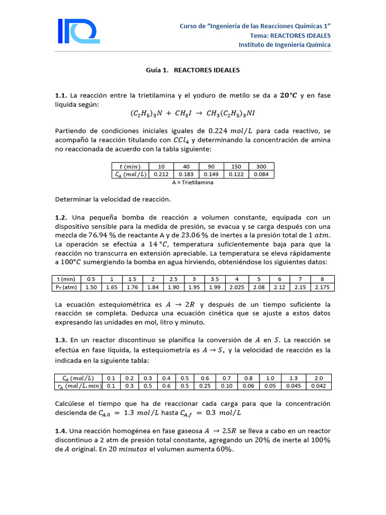 Guía 1 - Reactores Ideales - 2025 | PDF | Reactor Quimico | Cinética química