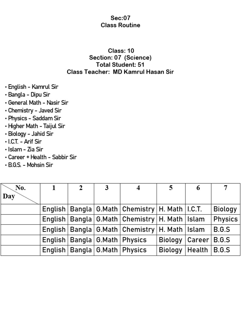 Class-Routine-II-Sec-7-Science | PDF
