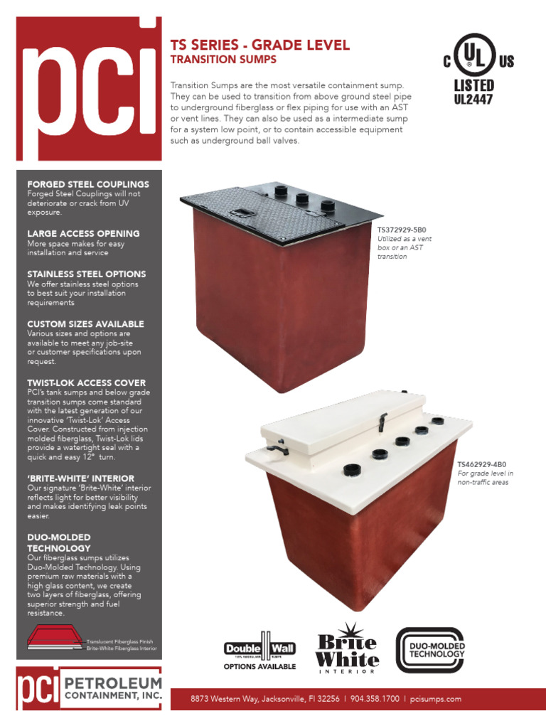 TS GradeLevel TransitionSump CutSheet SquareLogo | PDF | Fiberglass | Mechanical Engineering