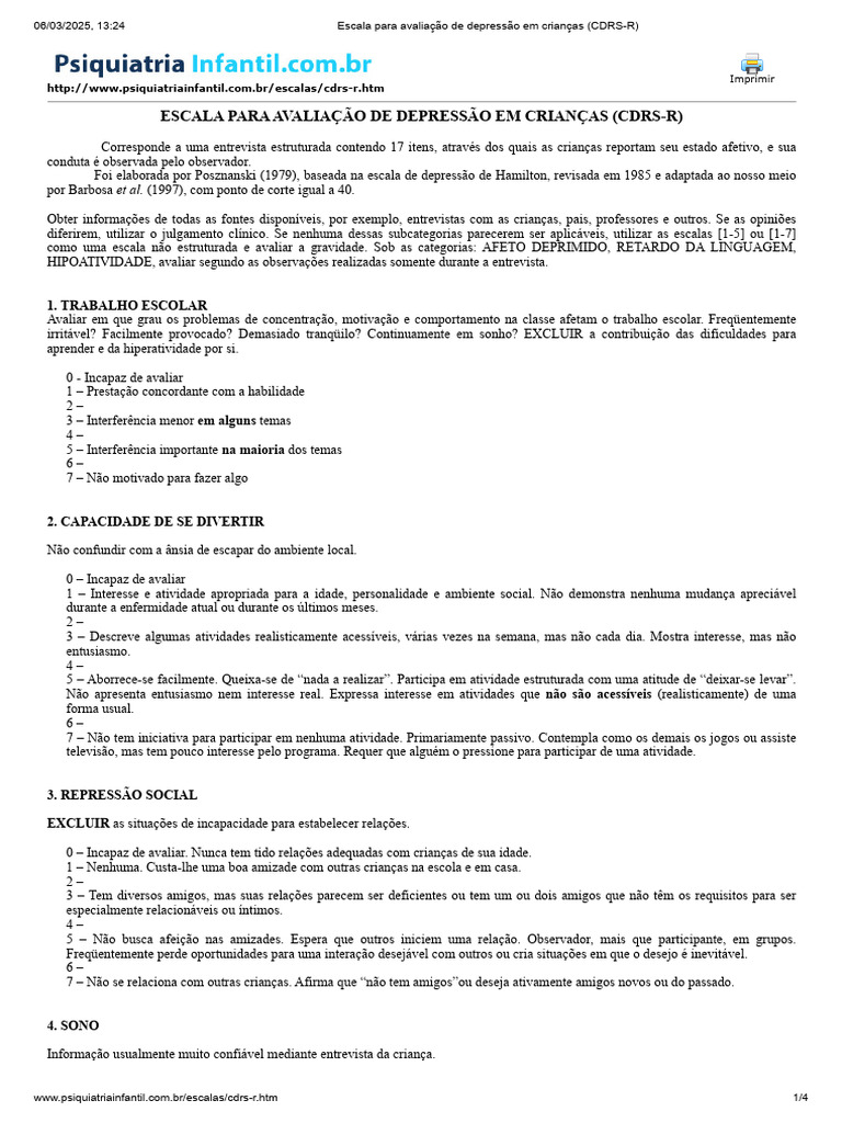 Escala CDRS-R para Depressão Infantil | PDF | Depressão | Suicídio