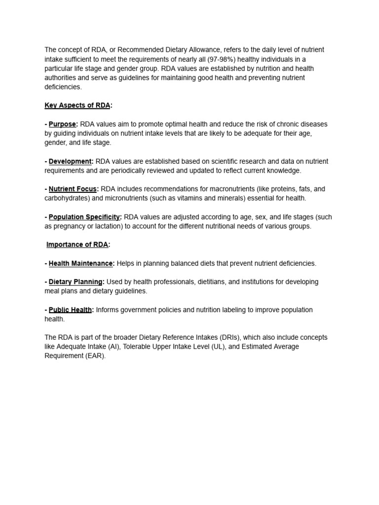 Understanding RDA in Nutrition | PDF