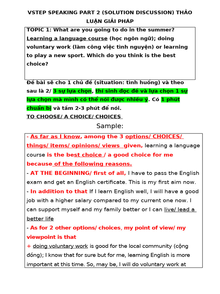 VSTEP SPEAKING PART 2 for students | PDF