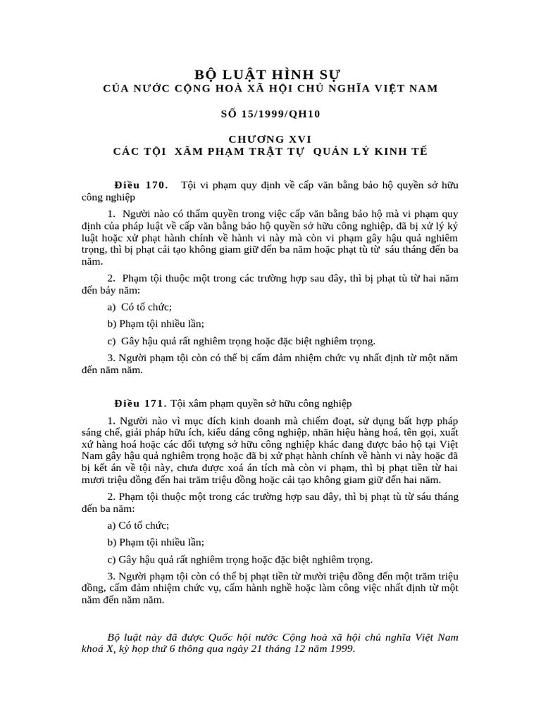 Bo luat Hinh su 1999_phan toi pham SHTT | PDF