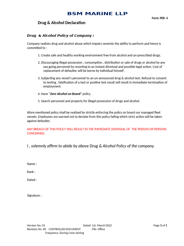 Per - 4 Drug & Alcohol Declaration | PDF