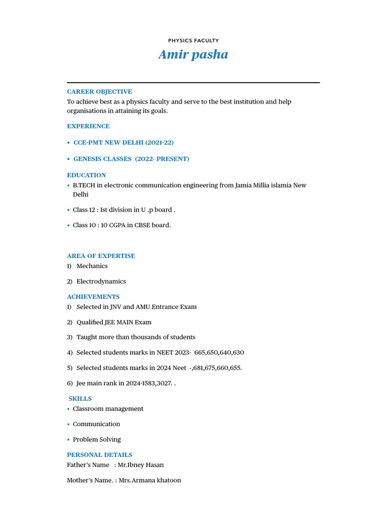 Amir Pasha: Physics Faculty Profile | PDF