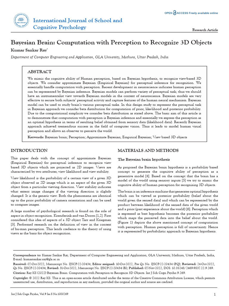 Bayesian Brain Computation With Perception To Recognize 3d Objects | PDF | Bayesian Inference ...