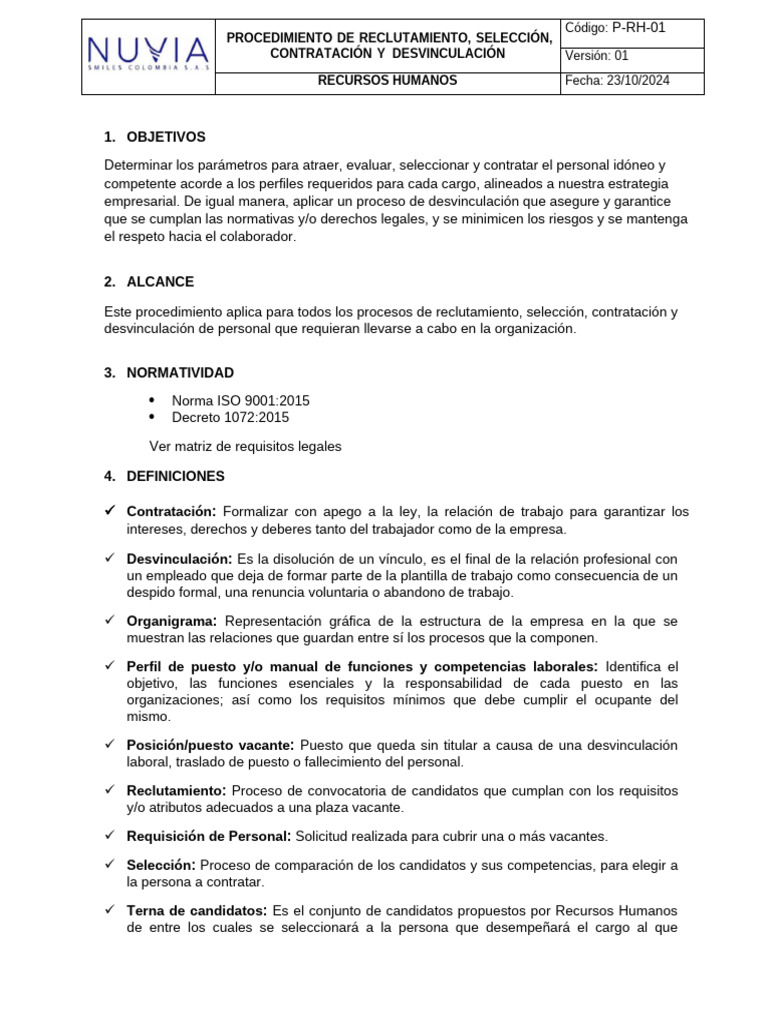 P-RH-01 Procedimiento de Reclutamiento, Seleccion, Contratacion y Desvinculacion Nuvia Smiles ...