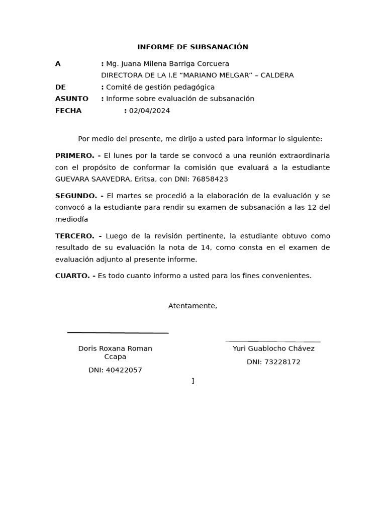 INFORME DE SUBSANACIÓN | PDF