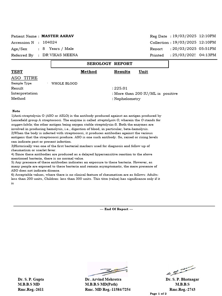 ASO Serology and Biochemistry Report | PDF | Immunology | Clinical Medicine