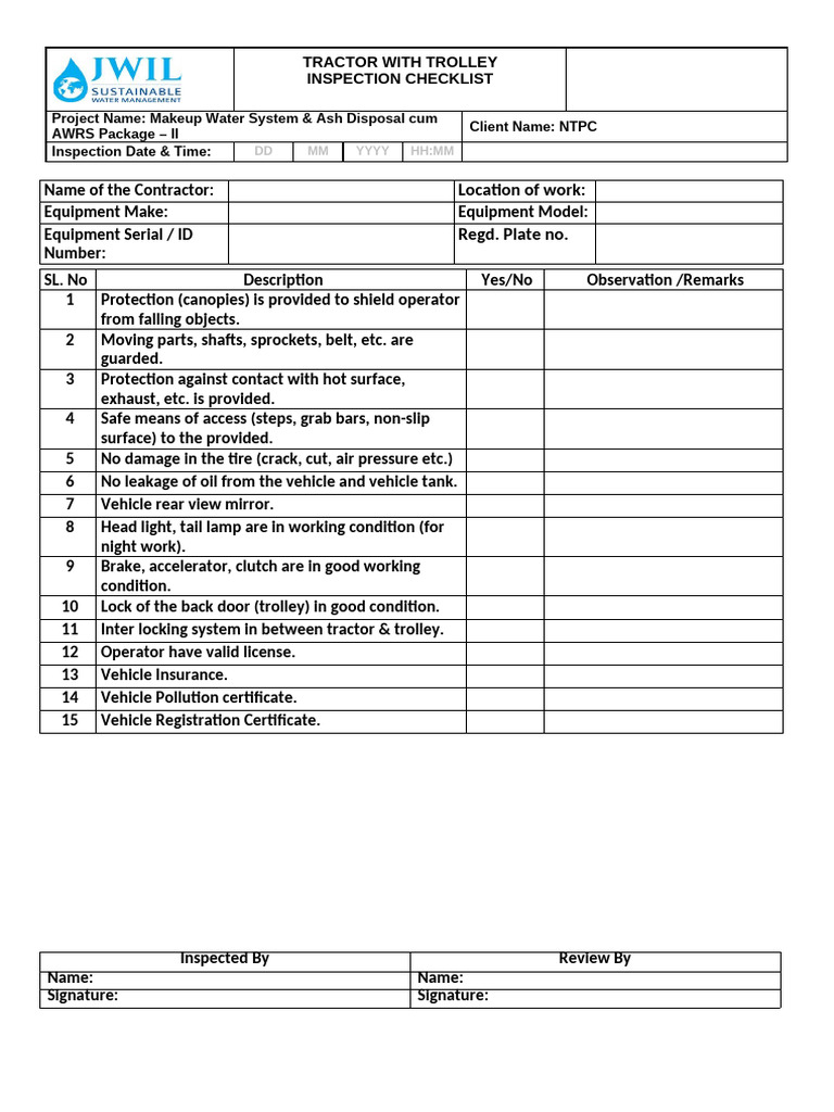 Tractor and Trolley Inspection Checklist | PDF