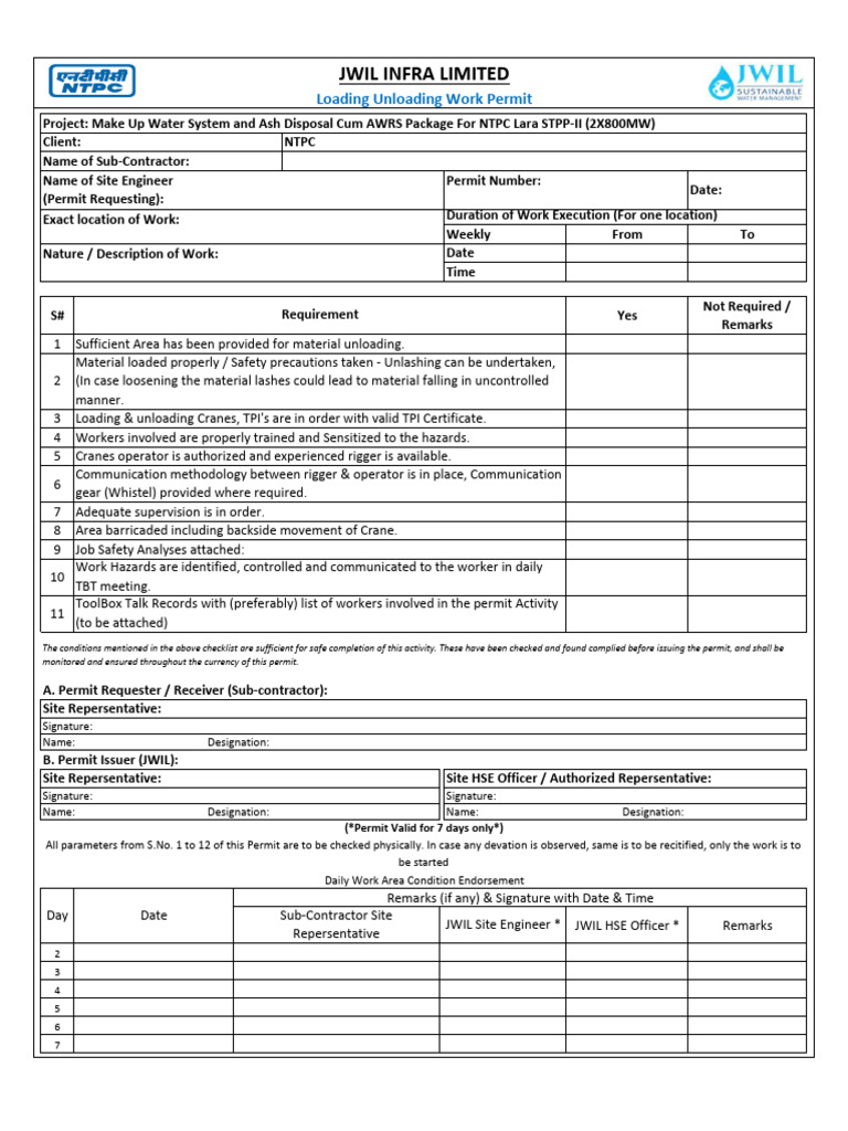 Loading & Unloading Work Permit | PDF | Labor Relations | Working ...