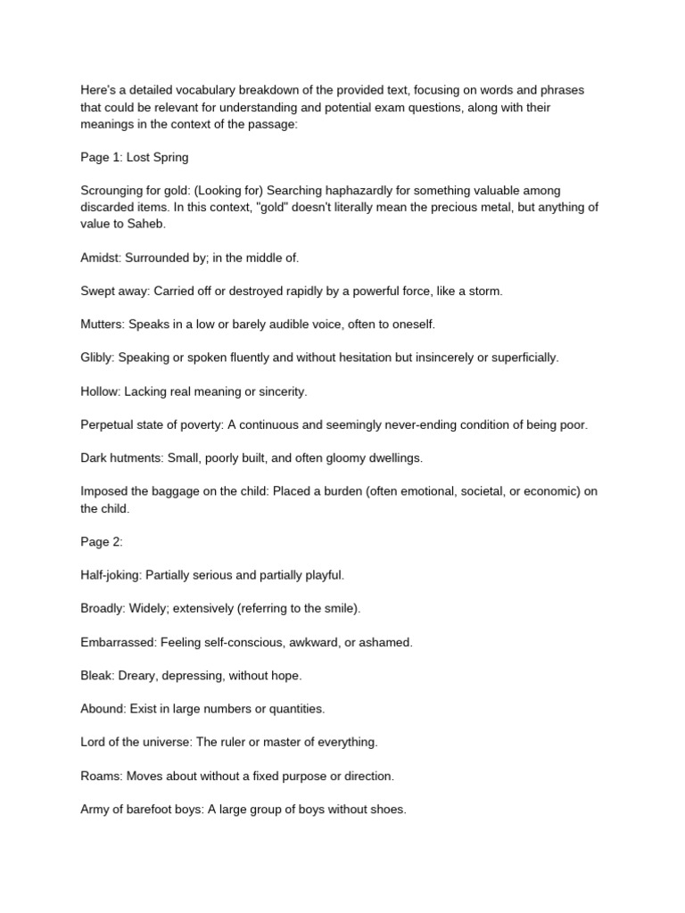 Here's a Detailed Vocabulary Breakdown of the Provided Text, Focusing ...