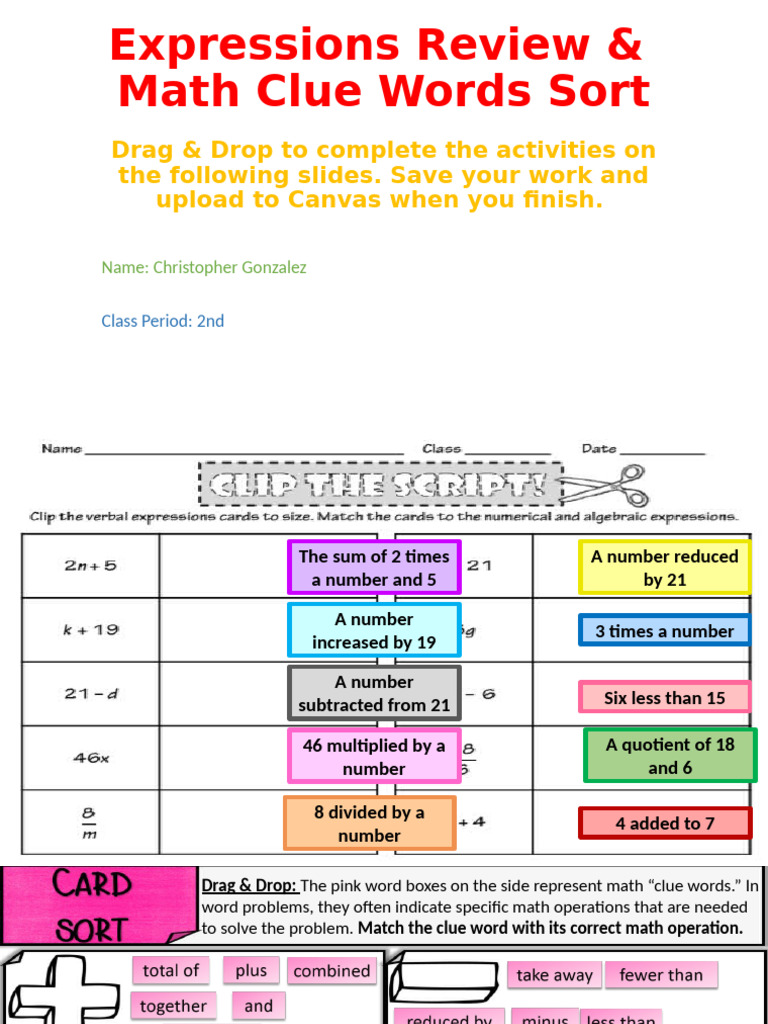 Drag & Drop - Expressions Review & Math Clue Words-75ac21-0bc6fd | PDF