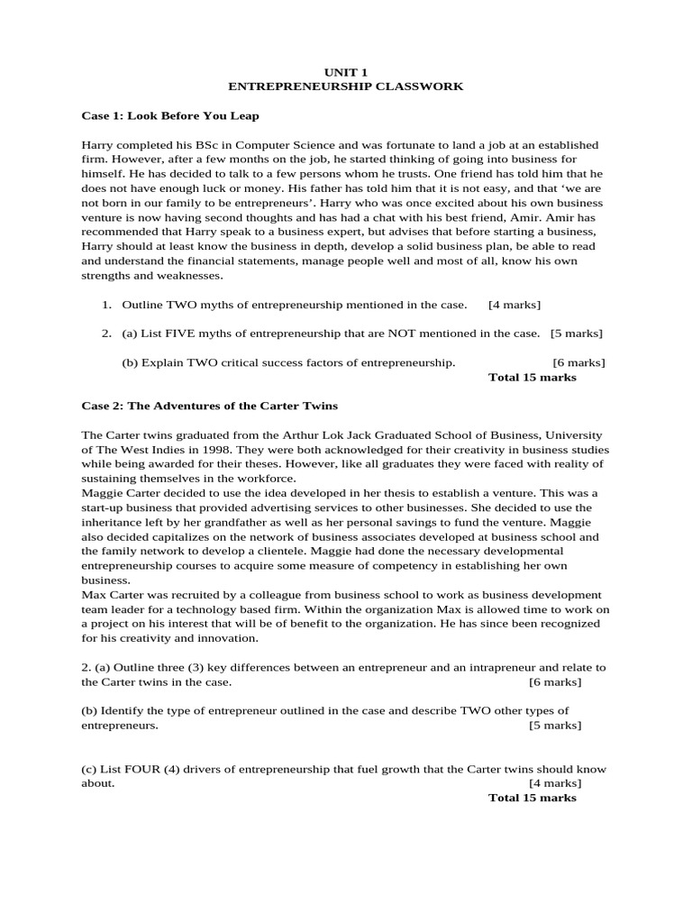 UNIT 1 - Classwork Case Study | PDF | Entrepreneurship | Economies