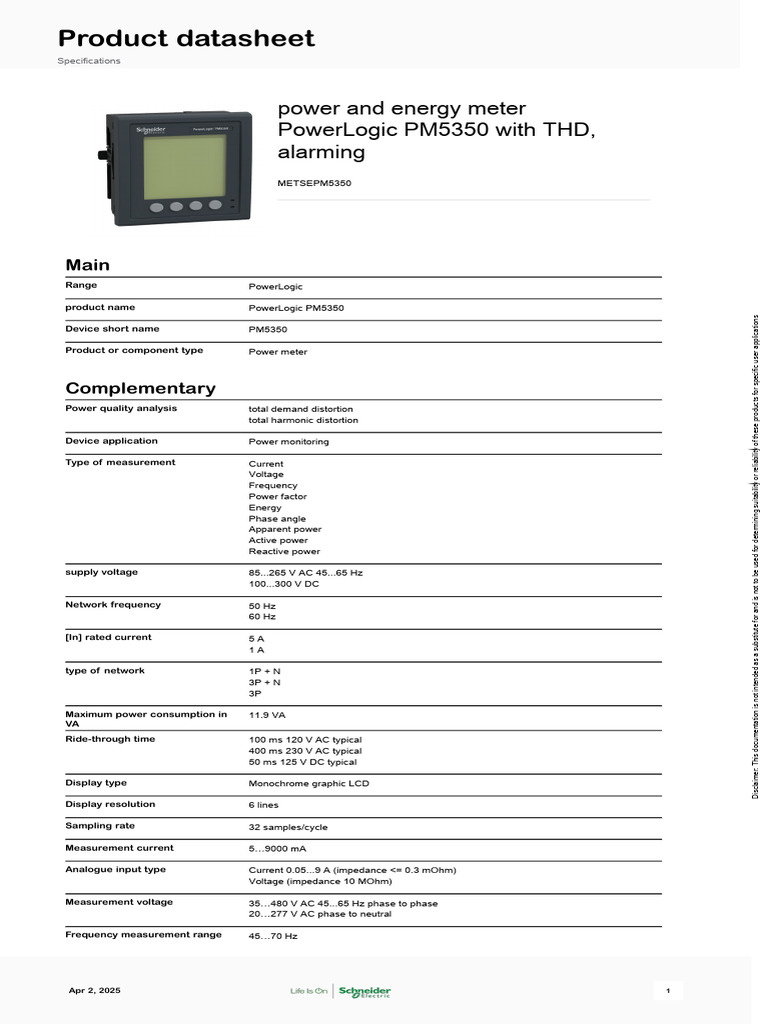 PowerLogic PM5350 With THD, Alarming - METSEPM5350 | PDF | Alternating ...